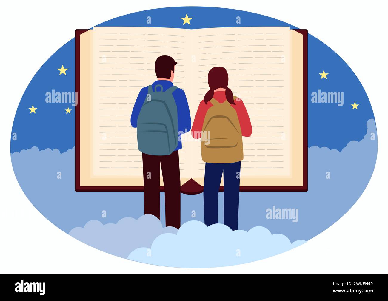 Boy and girl reading a giant book surrounded by clouds and twinkling ...
