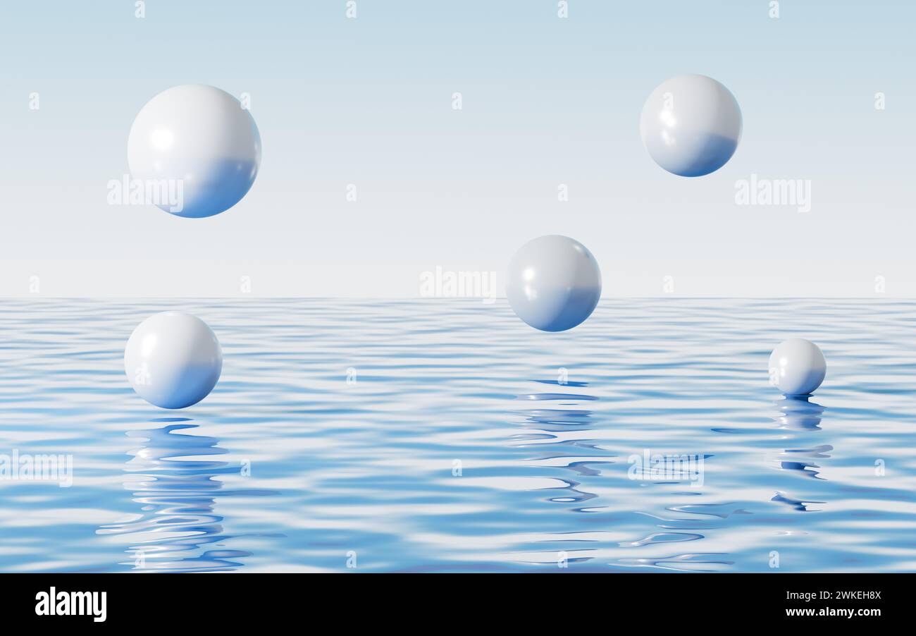 Abstract spheres on the water surface, 3d rendering. 3d illustration ...