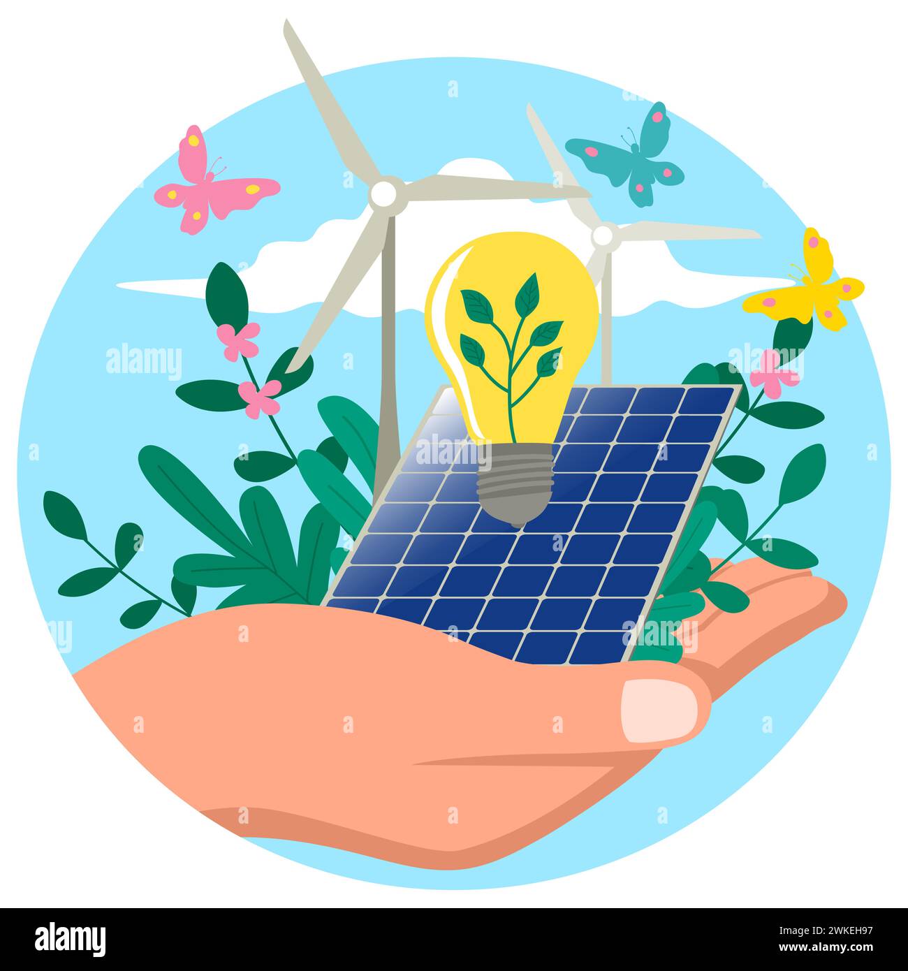 Hand holding renewable energy icons adorned with natures beauty. A ...