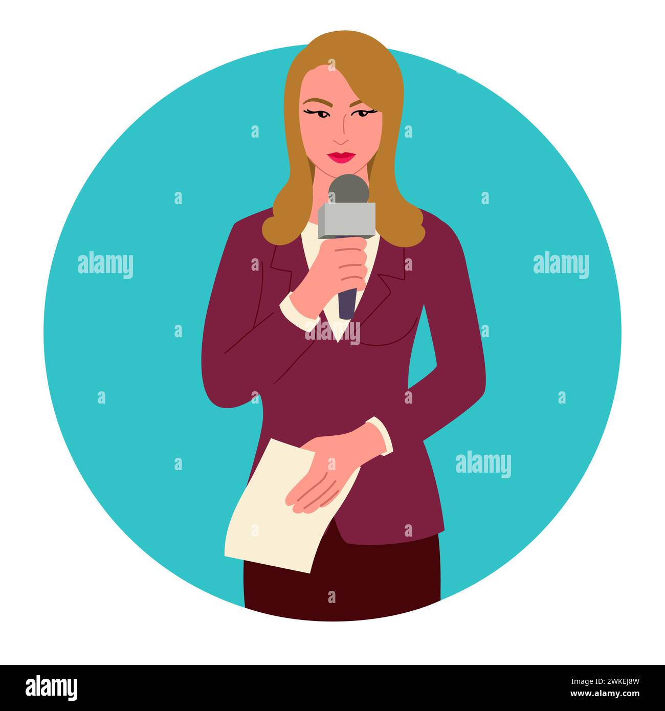 Clip art of a confident woman reporter holding a microphone, ideal for news articles, journalism ...