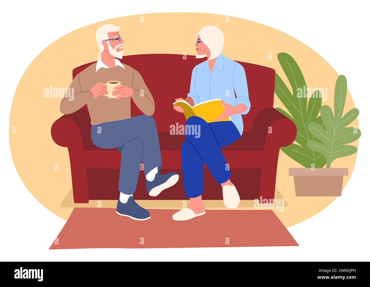 Elderly couple comfortably engaged in a sofa conversation. Scene of ...