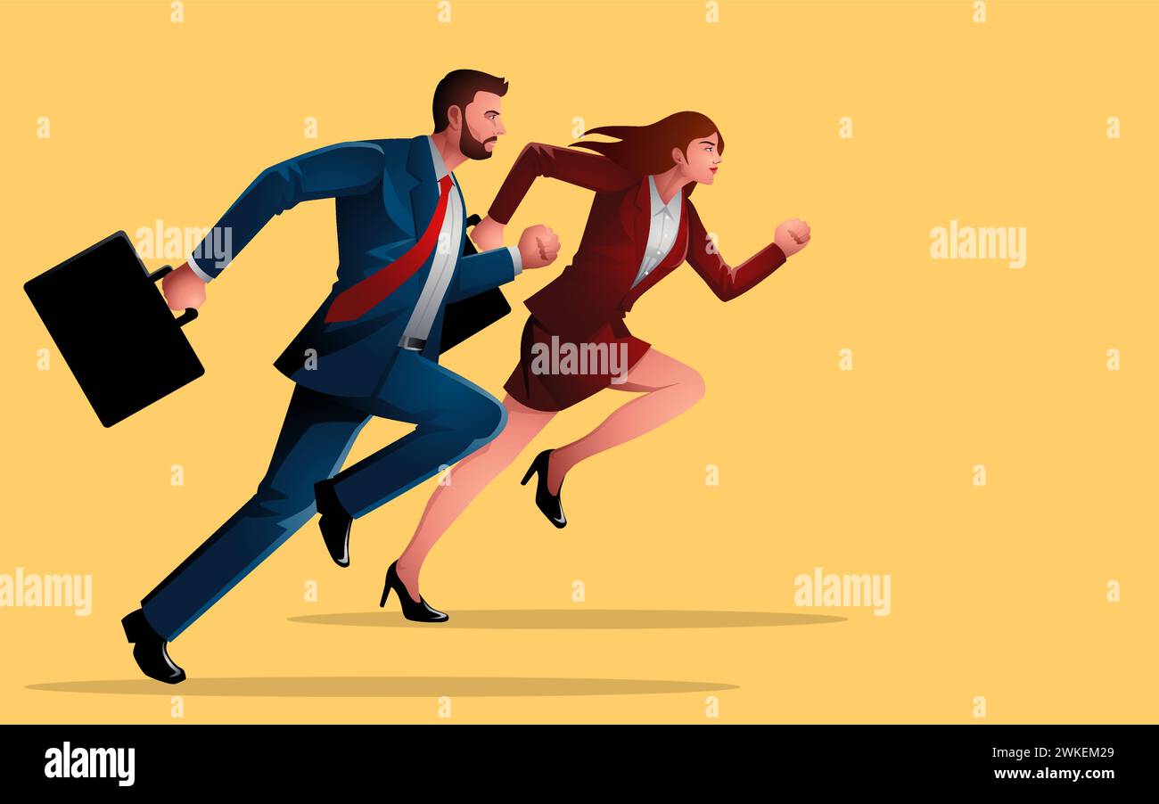 Competitive running race, a businesswoman and a businessman symbolize ...