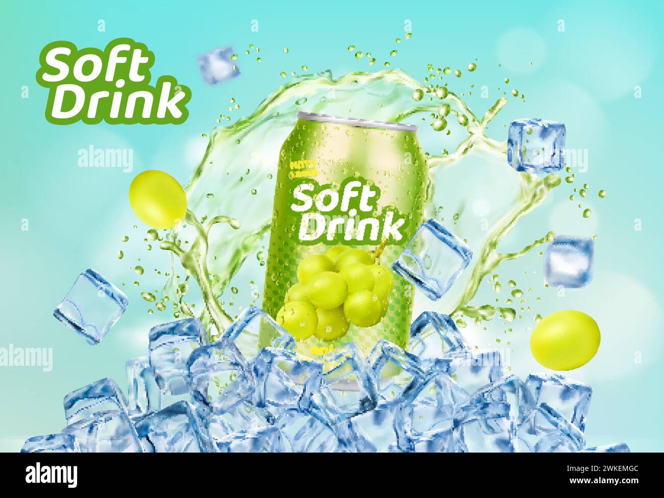 Grape drink can with ice cubes and splash, realistic vector for ...