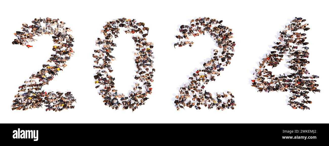 Concept or conceptual large community of people forming 2024 year. 3d ...