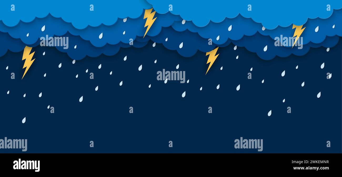 Paper cut rain clouds with lightnings and rain drops. Vector 3d ...