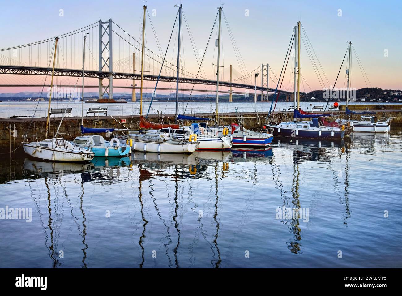 UK, Scotland, South Queensferry Harbour with the Forth Road Bridge and ...
