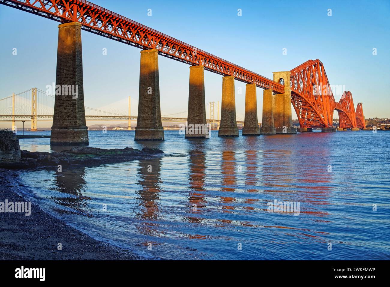 UK, Scotland, Forth Bridge crossing the Firth of Forth with Firth Road ...