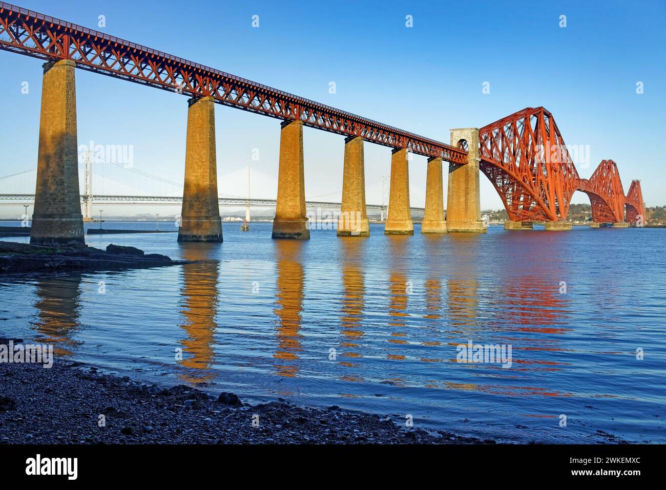 UK, Scotland, Forth Bridge crossing the Firth of Forth with Firth Road ...