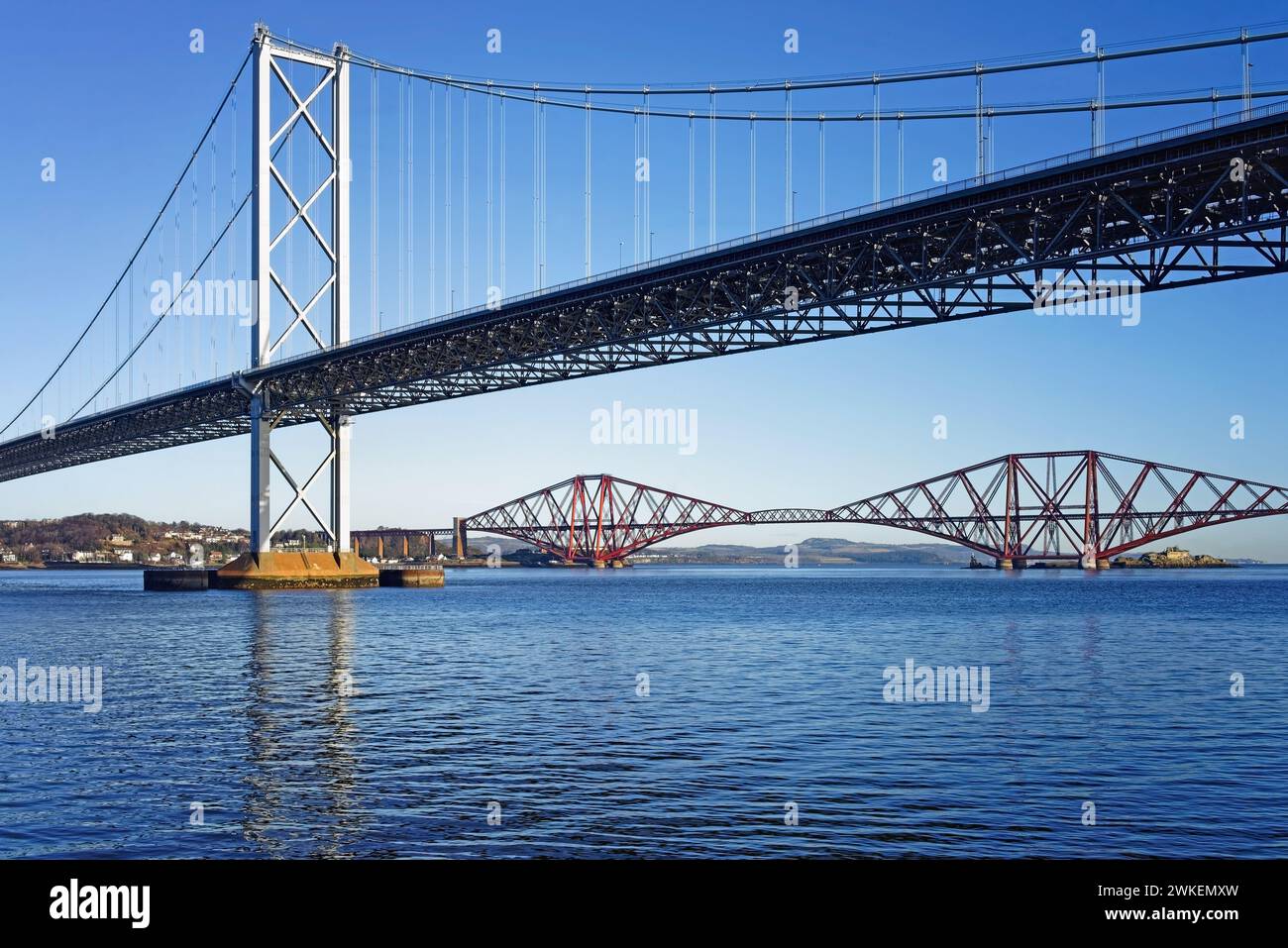 UK, Scotland, Forth Road Bridge crossing the Firth of Forth with Firth ...