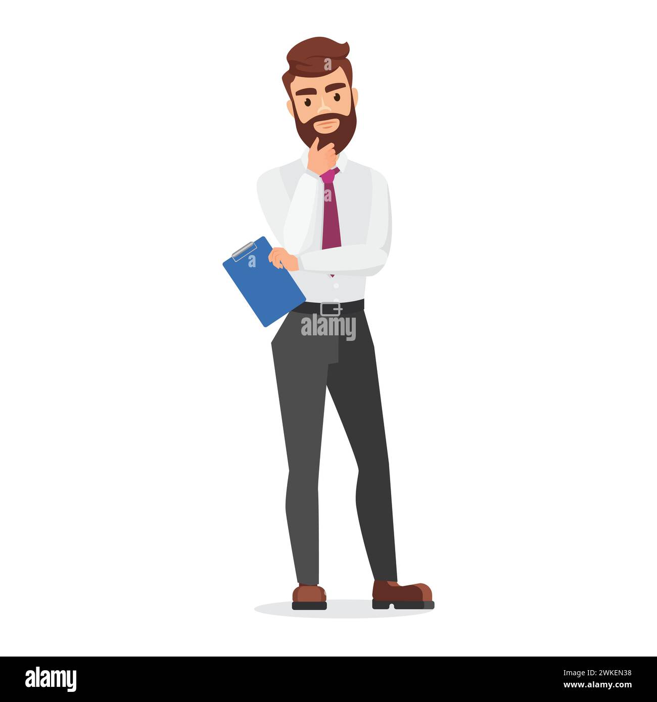 Funny businessman standing in doubt, man holding clipboard and thinking ...