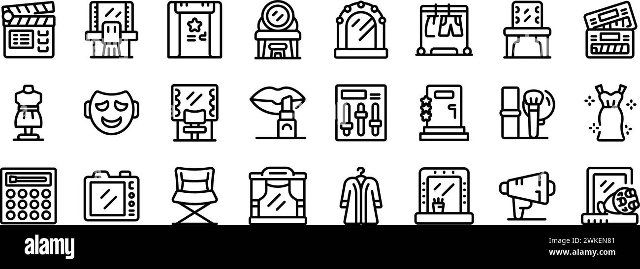 Backstage theater room icons set outline vector. Makeup dressing table ...