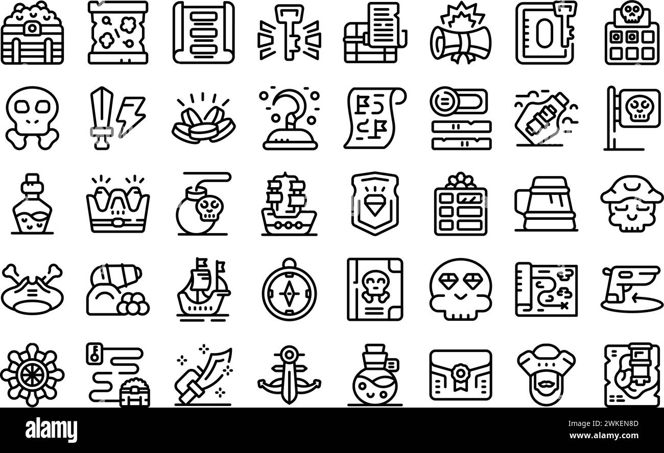 Pirate game icons set outline vector. Treasure jewel piracy. Wooden ...