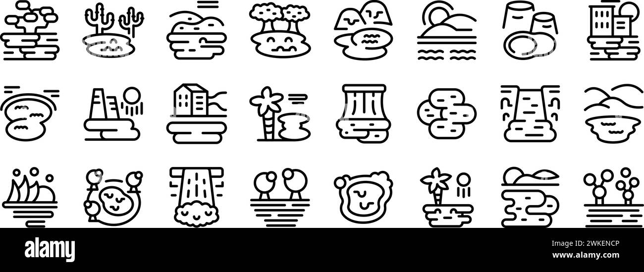 Lake desert icons set outline vector. Swamp palm tree. Egypt oasis ...