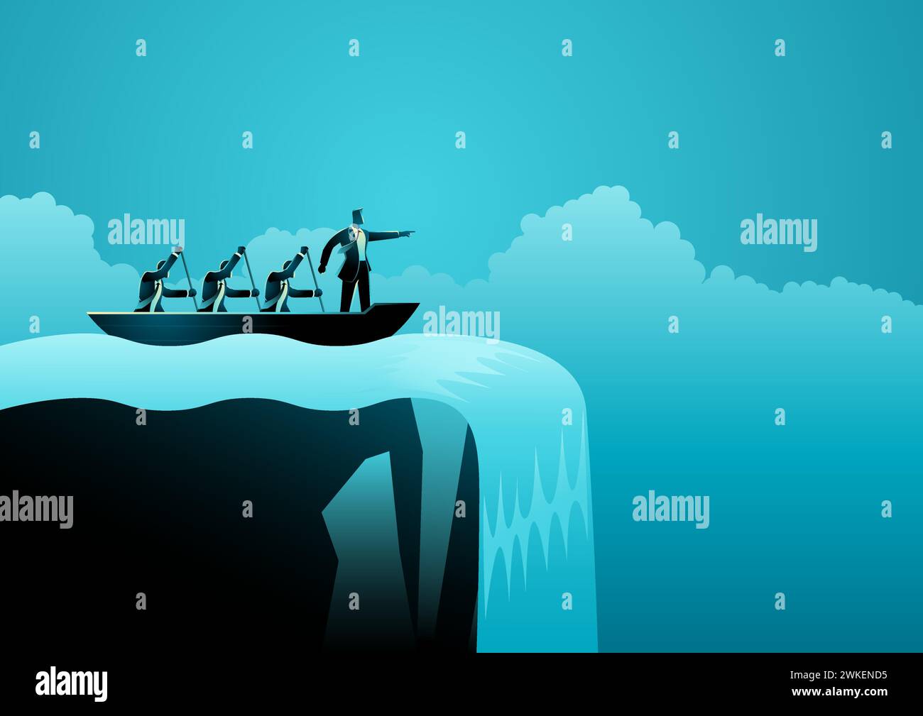 Struggling leader guides his subordinates toward a waterfall. This ...