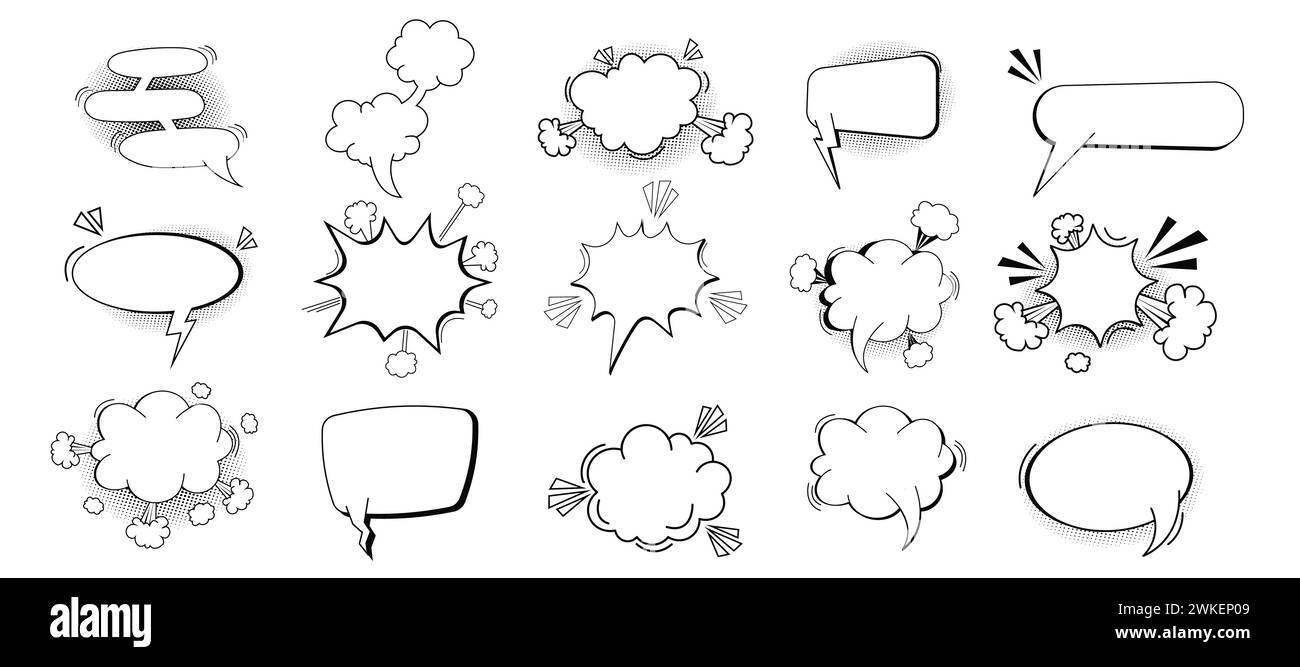 Set pow bubble speech comic expression frame cartoon doodle isolated on ...