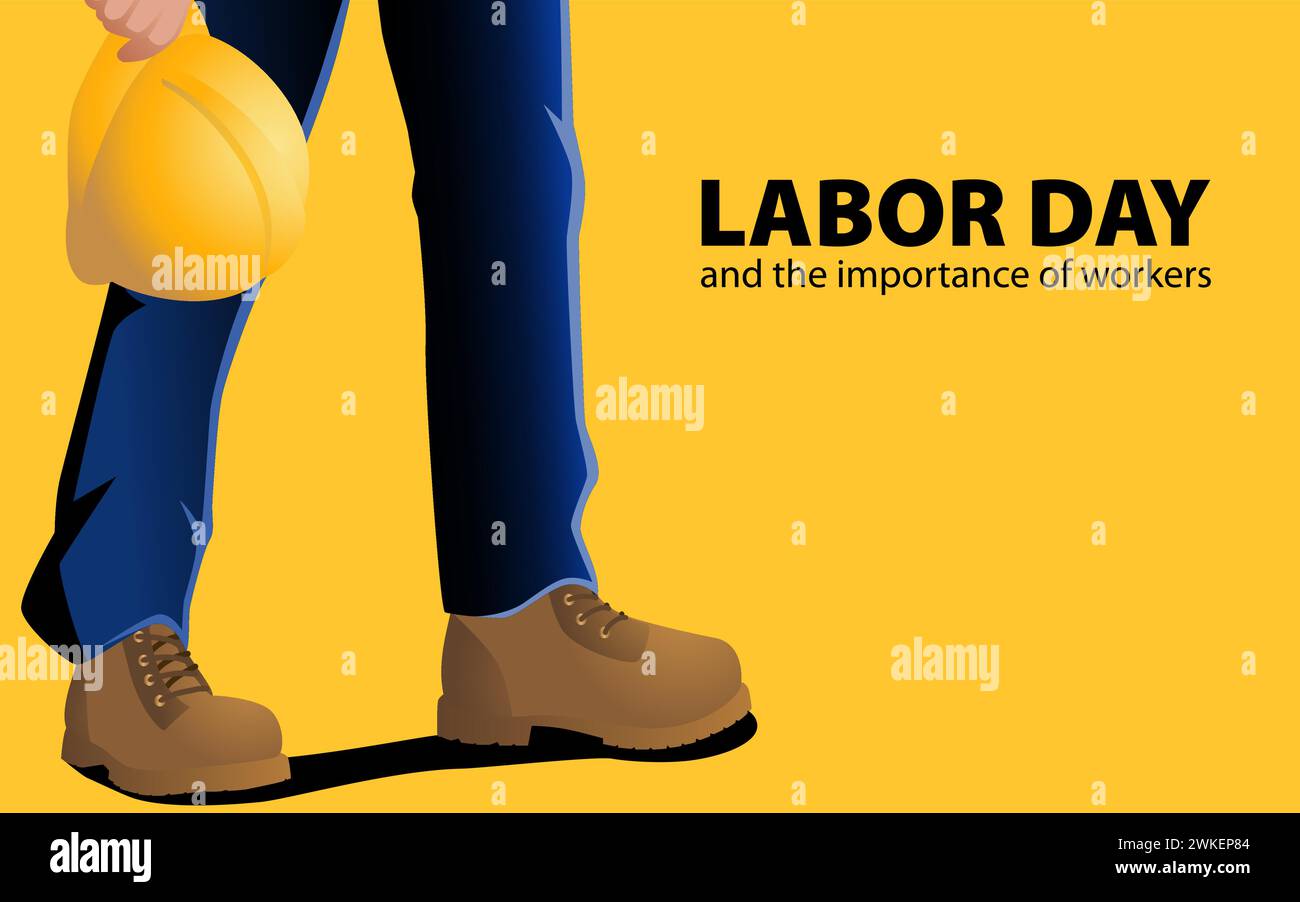 Worker legs with boots, holding a safety helmet. Template for Labor Day ...