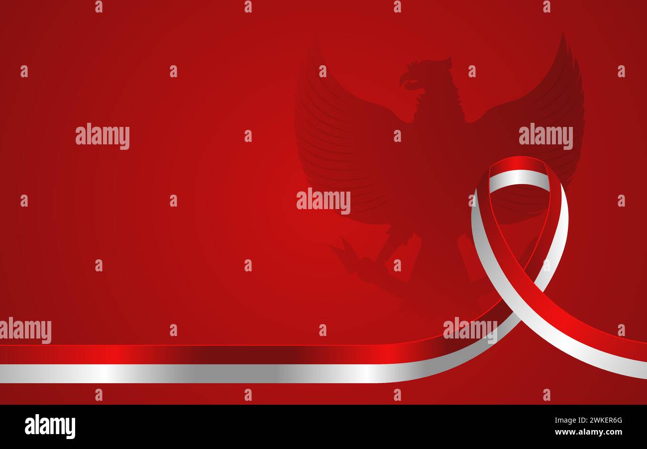Indonesian flag ribbon on red background with Indonesian crest of ...