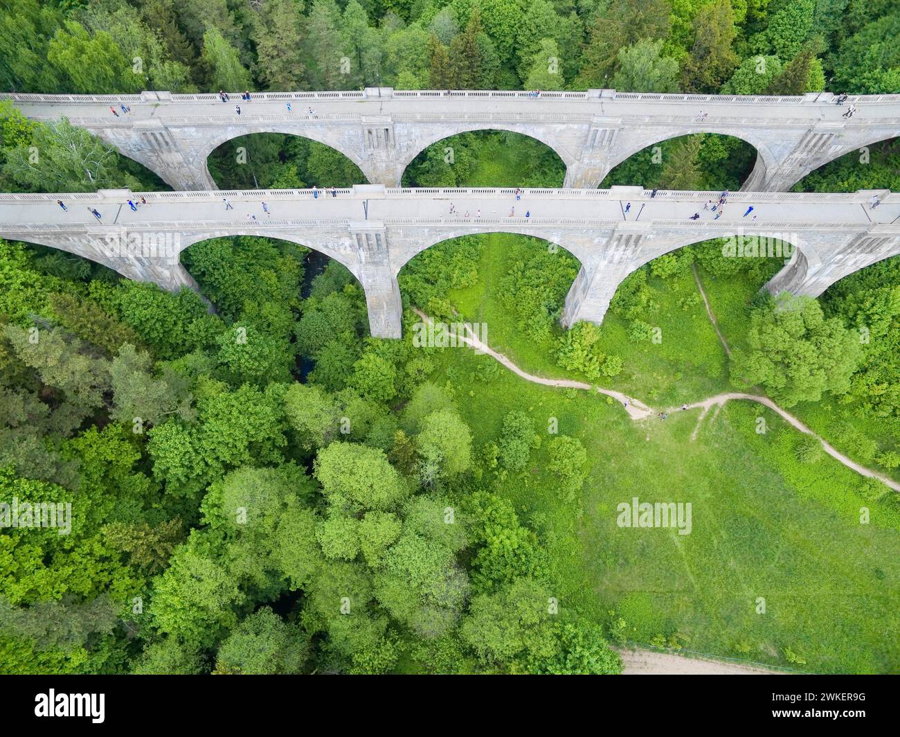 Aerial view of old concrete railway bridges in Stanczyki, Mazury ...