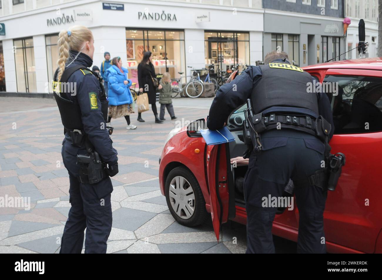 Copenhagen, Denmark /20 February 2024/.Police patrol pedestrain stroget ...