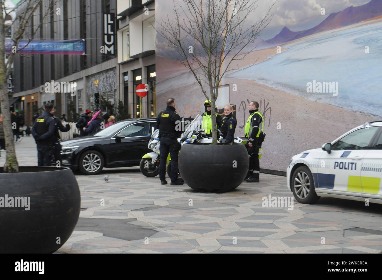 Copenhagen, Denmark /20 February 2024/.Police patrol pedestrain stroget ...