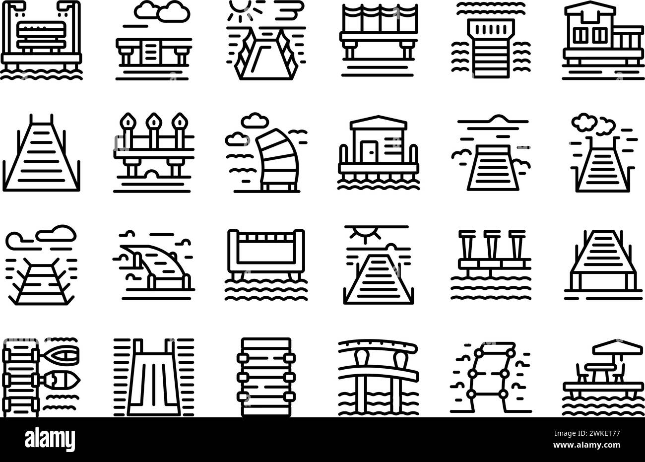 Wooden pier icons set outline vector. River water barrel. Dock canoe pond Stock Vector Image ...