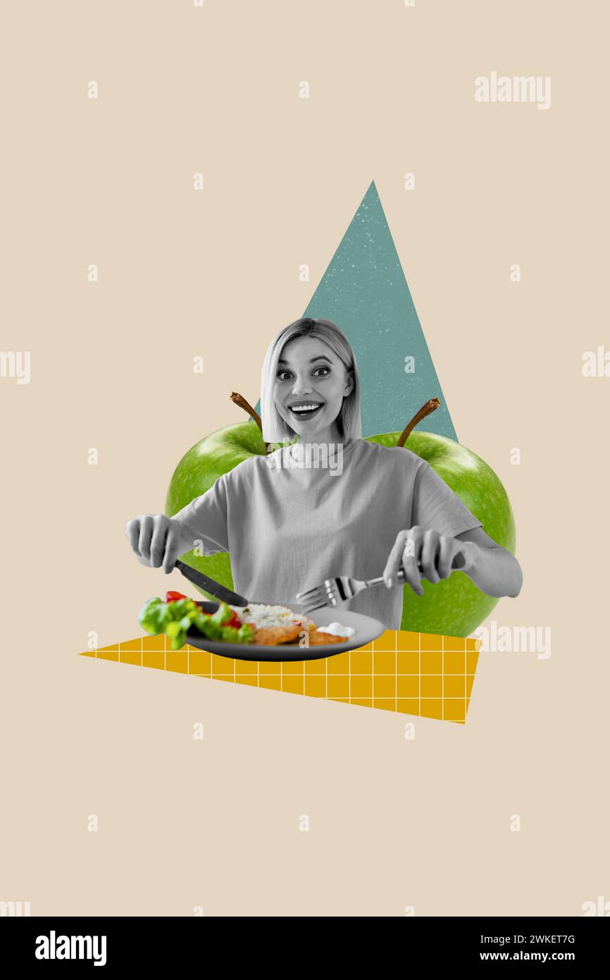 Image collage sketch of positive cheerful girl eating tasty delicious ...