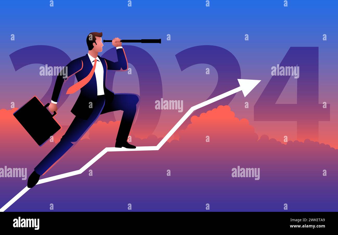 Businessman using telescope on a graph chart, with the bold text 2024 ...