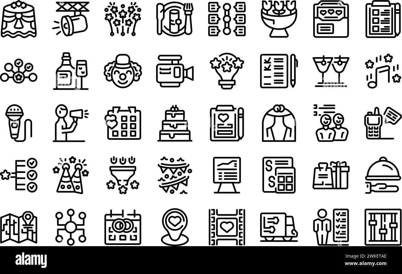 Event planning coordination icons set outline vector. Agency party ...