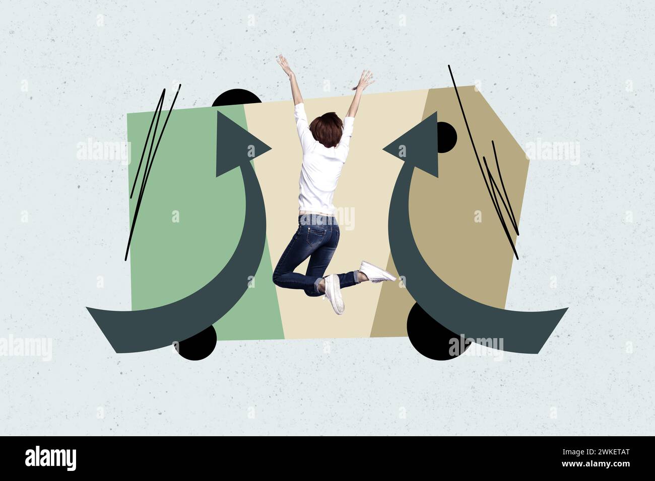 Composite collage image of funny girl jumping have fun back arrows ...