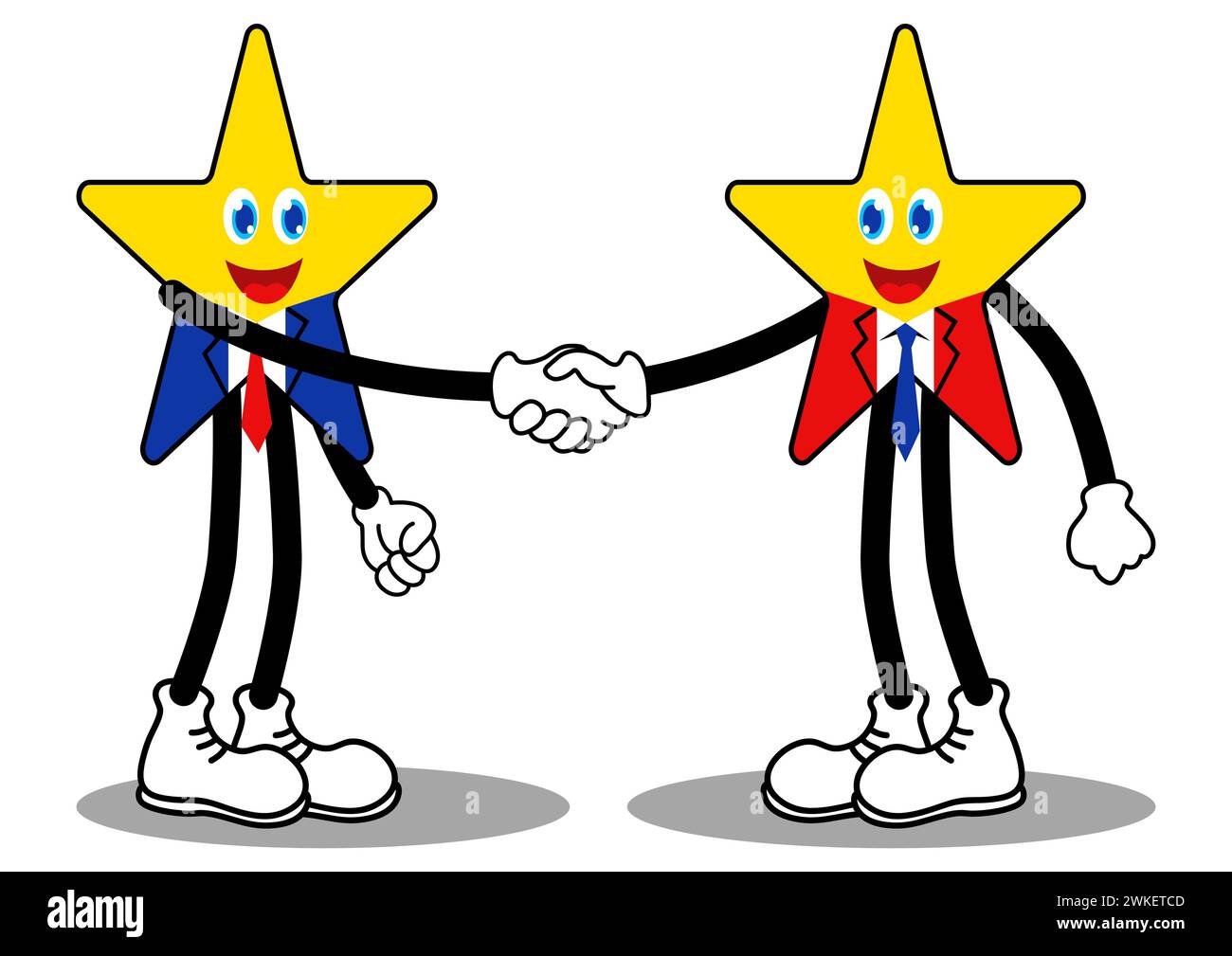 Star cartoon characters as a businessmen seal deals with a handshake ...