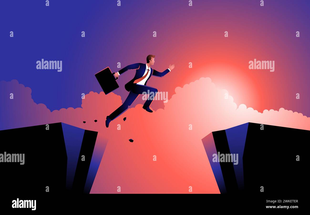 Businessman fearlessly jumps over a ravine. A depiction of conquering ...