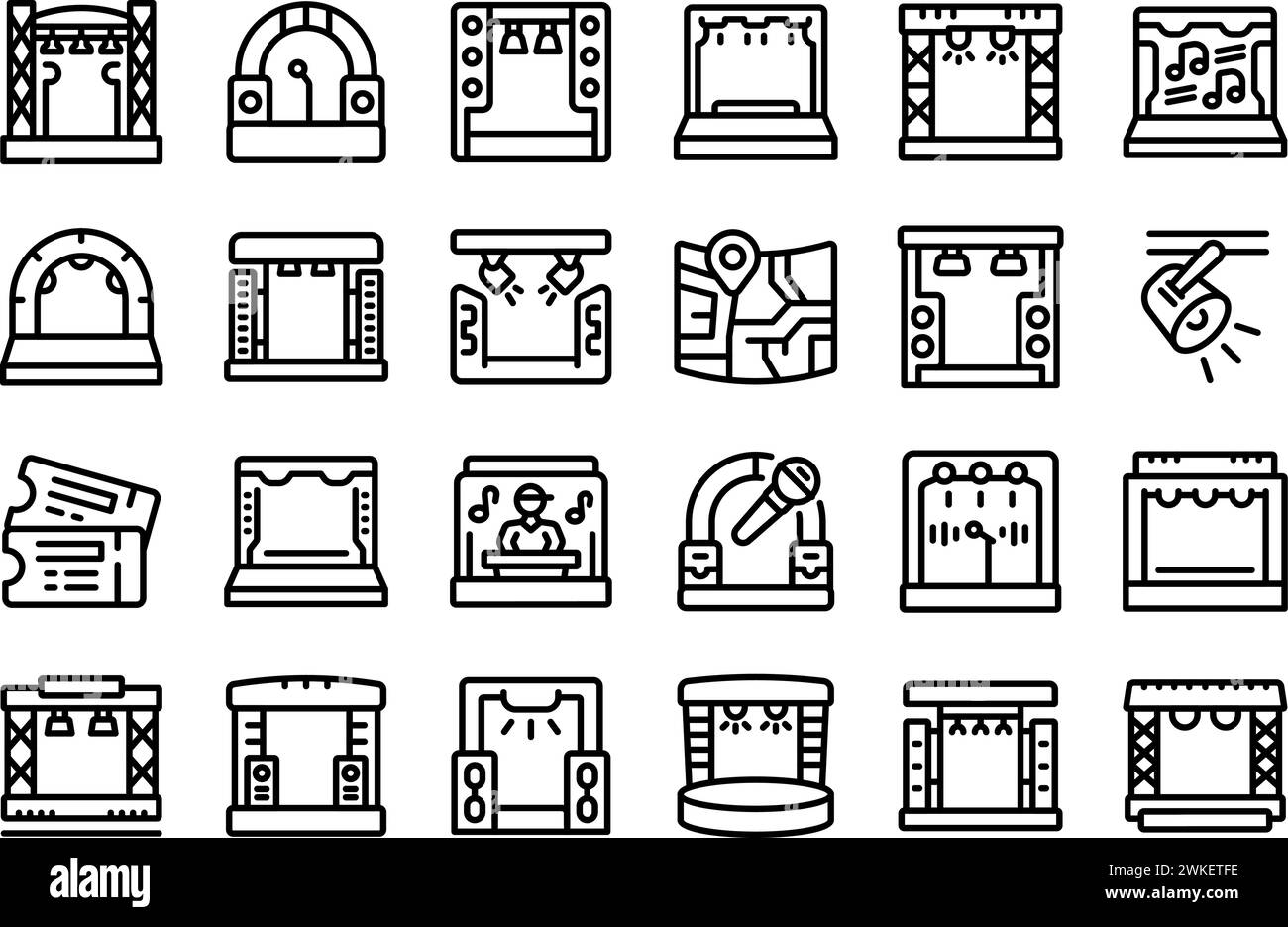 Outdoor music festival stage icons set outline vector. Park concert ...