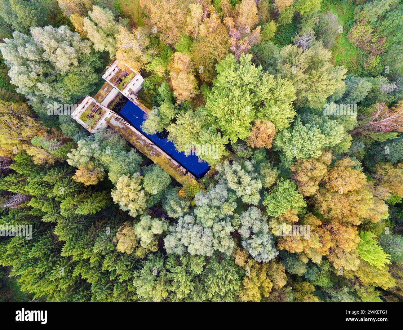 Giant concrete lock Bajory in autumn scenery - part of Masurian Canal ...
