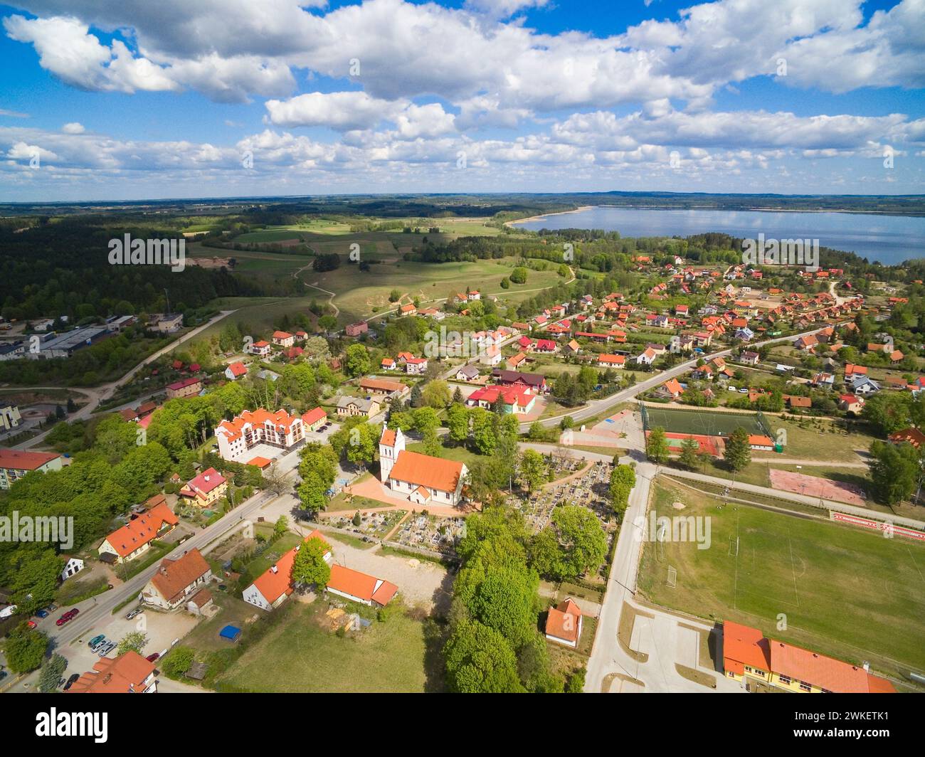 Aerial view of beautiful Kruklanki village, Mazury, Poland (former ...
