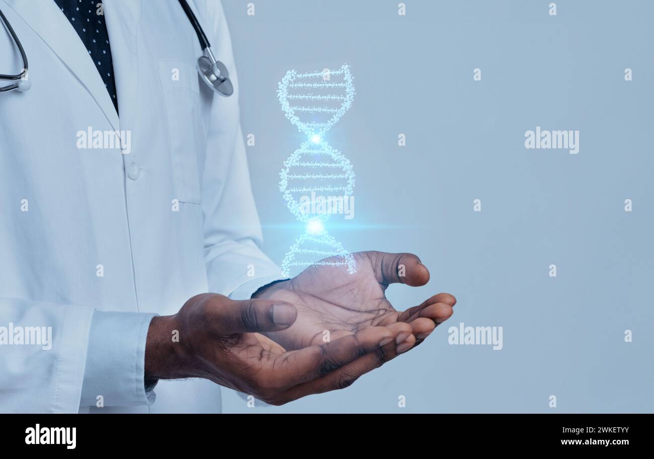 African american doctor geneticist hands holding DNA hologram Stock ...