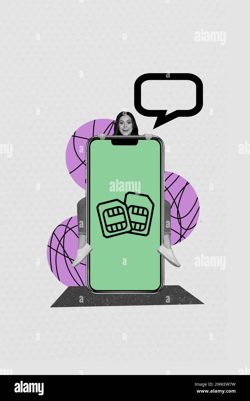 Collage artwork image of cheerful positive happy girl showing screen ...