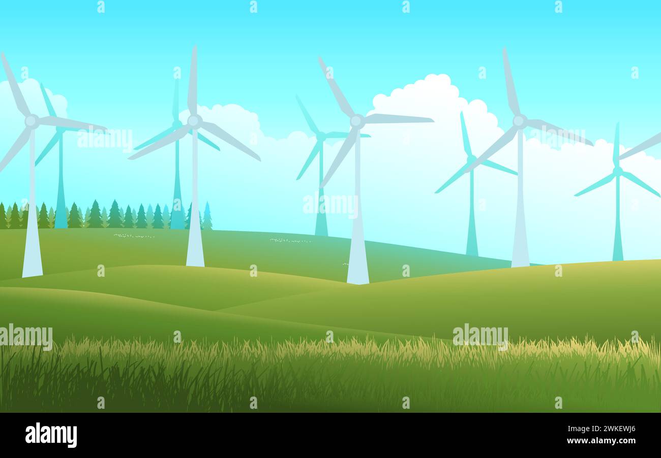 Vector illustration of a wind turbine energy farm. A captivating ...