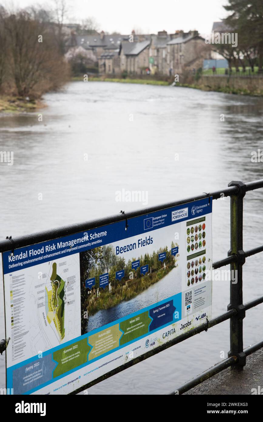 Signs showing river bank improvements which are part of the flood ...