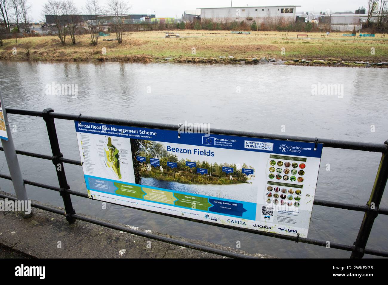 Signs showing river bank improvements which are part of the flood ...