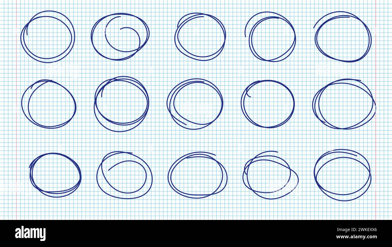 Hand drawn pen circles line sketch set on notebook pages. Drawing blue ...