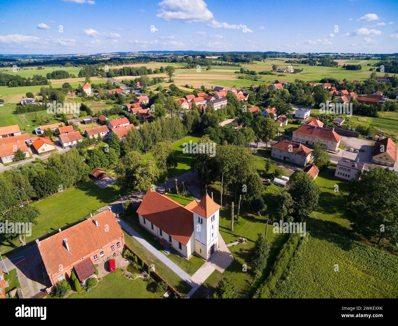 Aerial view of Holy Trinity Church in Budry, Poland (former Buddern ...