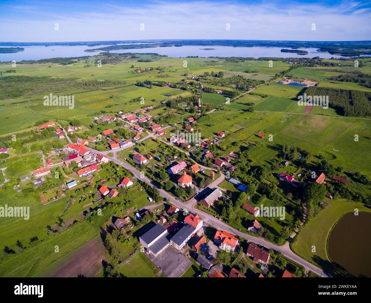 Aerial view of beautiful Radzieje village (former Rosengarten, East ...