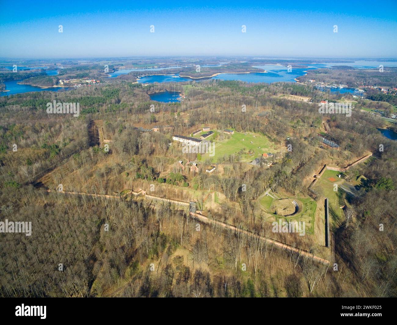 Aerial view of star shaped Boyen stronghold in Gizycko, Poland (former ...