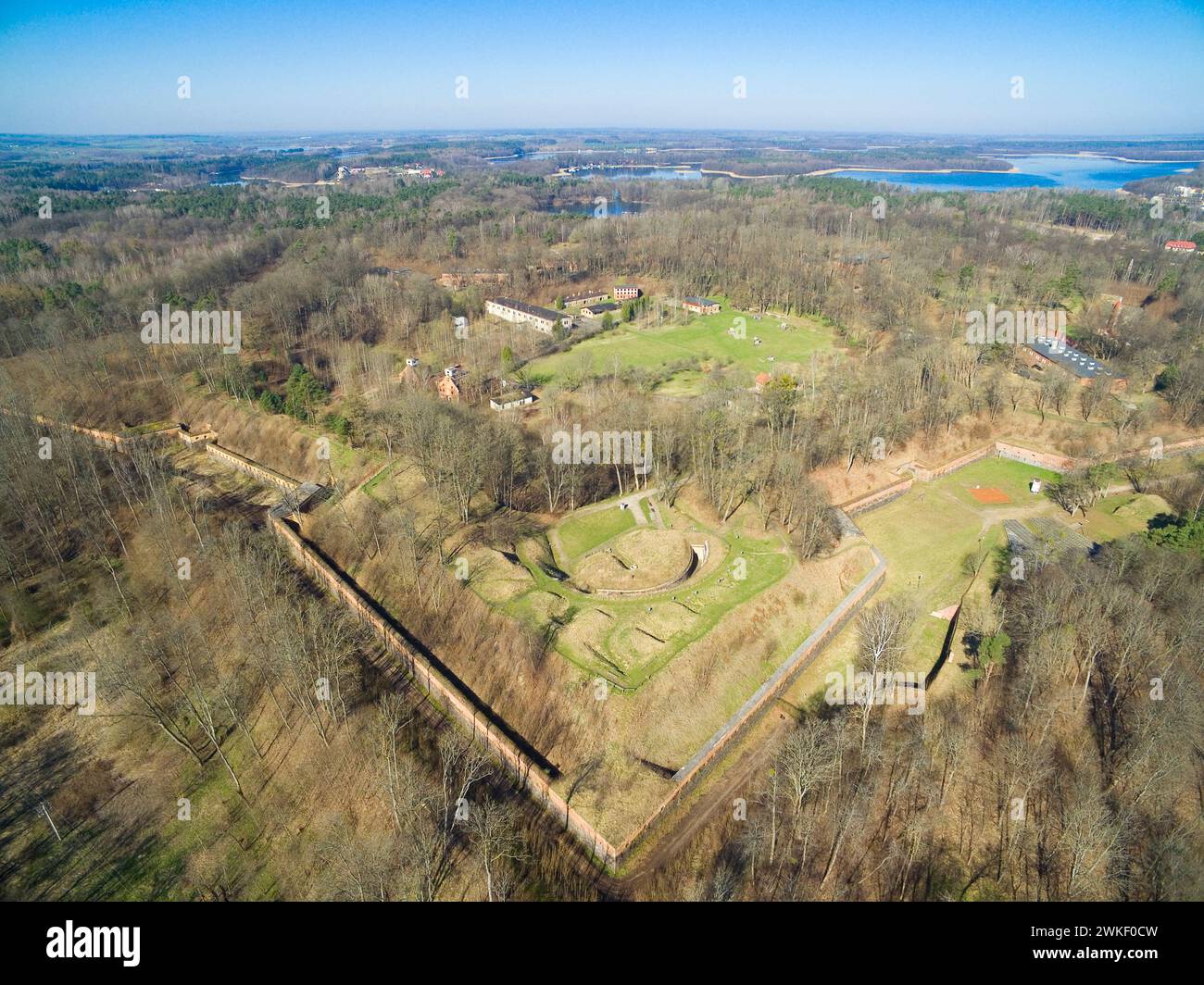 Aerial view of star shaped Boyen stronghold in Gizycko, Poland (former ...