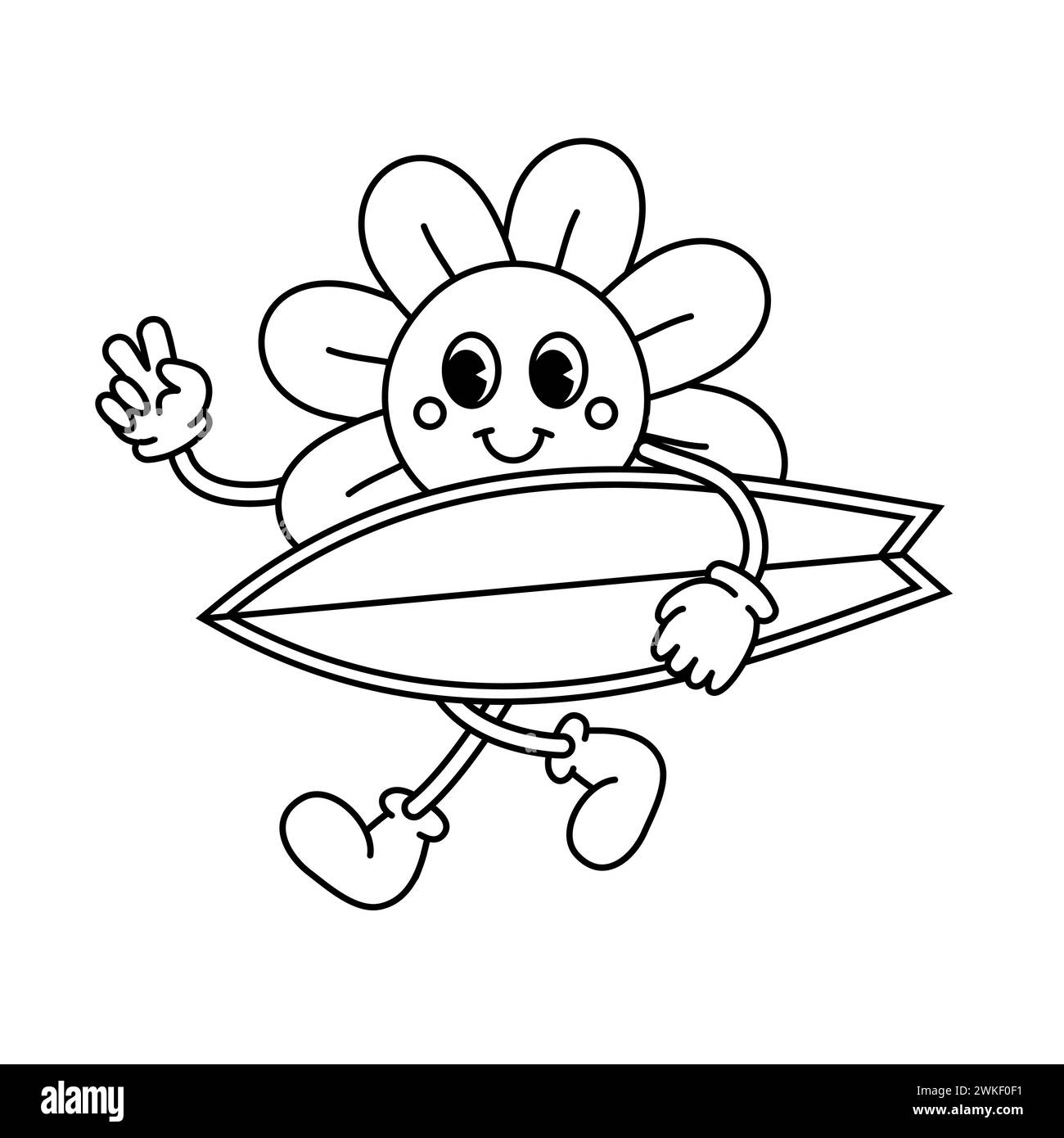 Vector retro groovy cartoon outline flower with surf board isolated on ...
