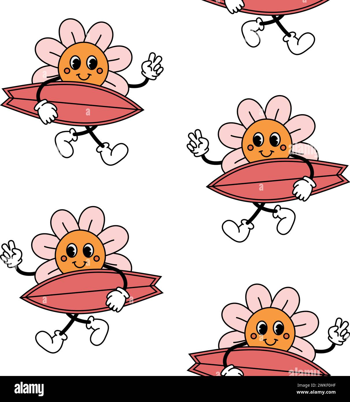 Vector seamless pattern of retro groovy cartoon flower with surf board ...