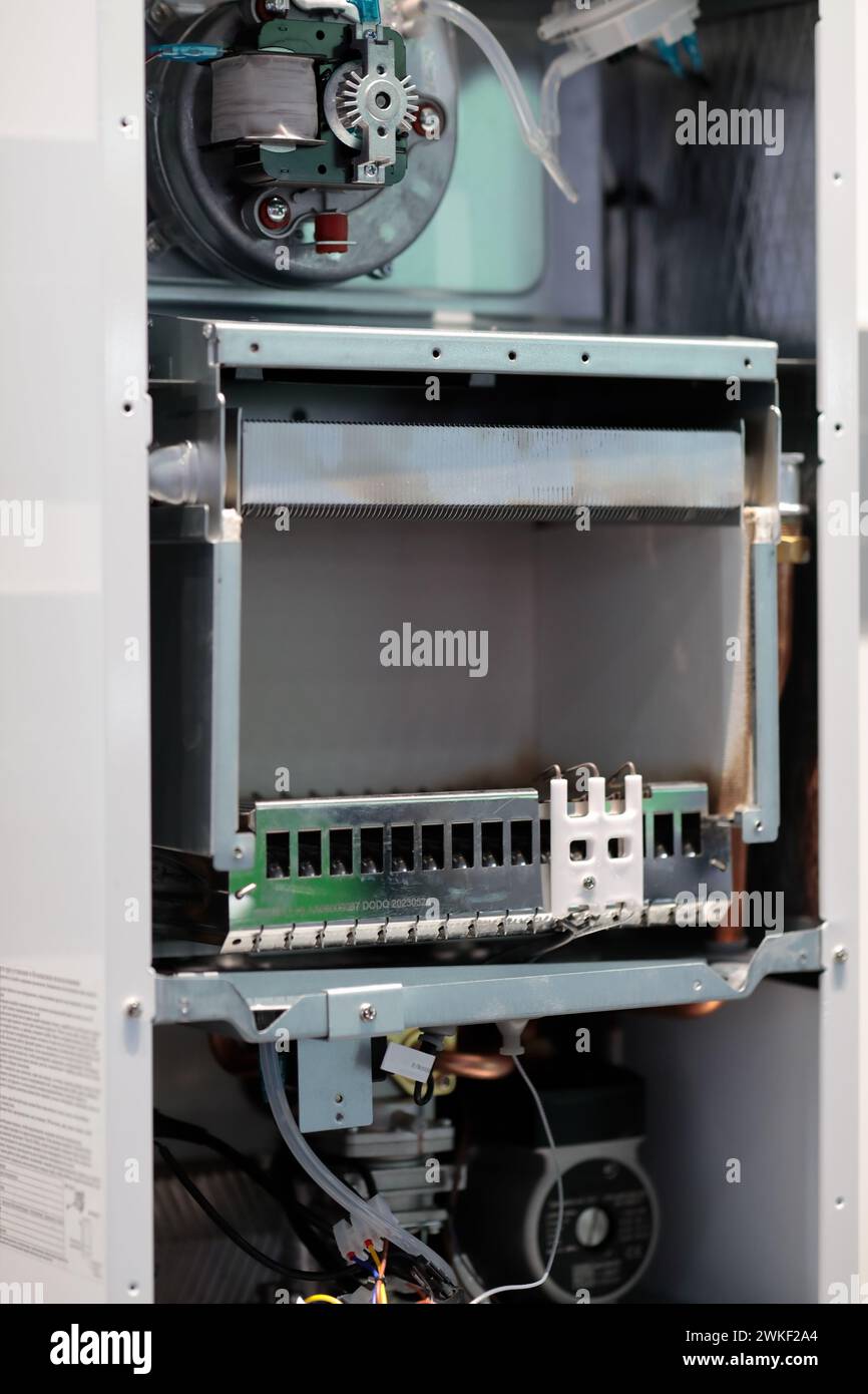 Open wall mounted natural gas room heater close up. Selective focus ...