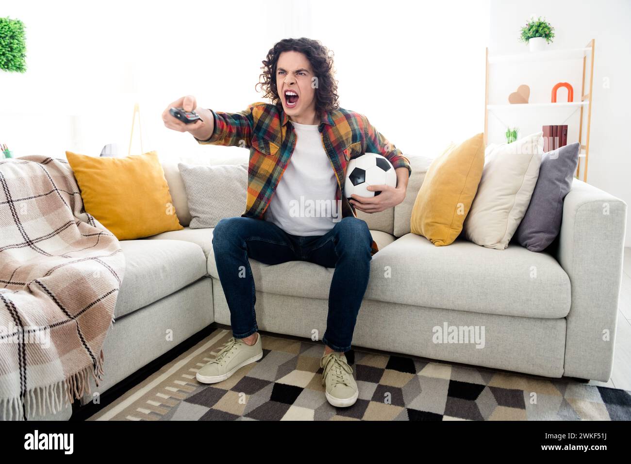 Full length photo of upset angry guy dressed checkered shirt favorite ...