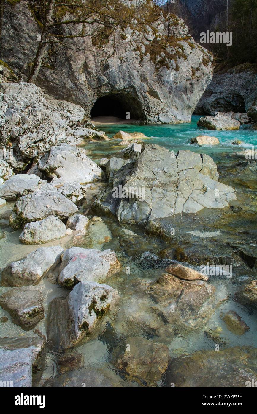 Soca River near Kal-Koritnica, Bovec municipality, Primorska or ...