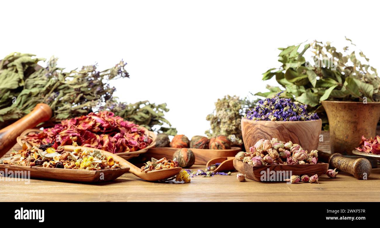 Dry herbal tea mix and various dried medicinal plants, herbs, and ...